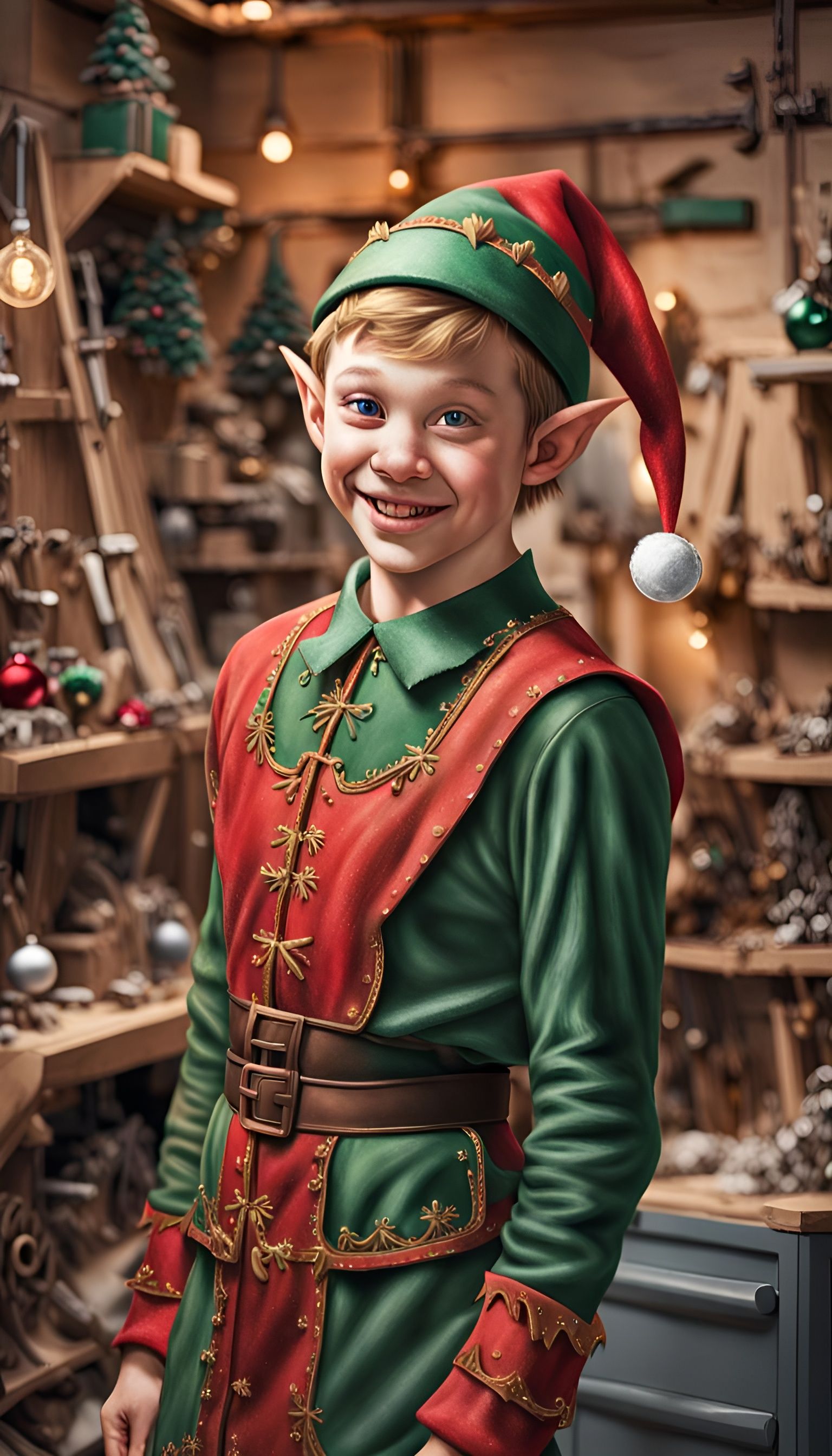 Smiling Christmas Elf Portrait in Santas work shop - AI Generated ...