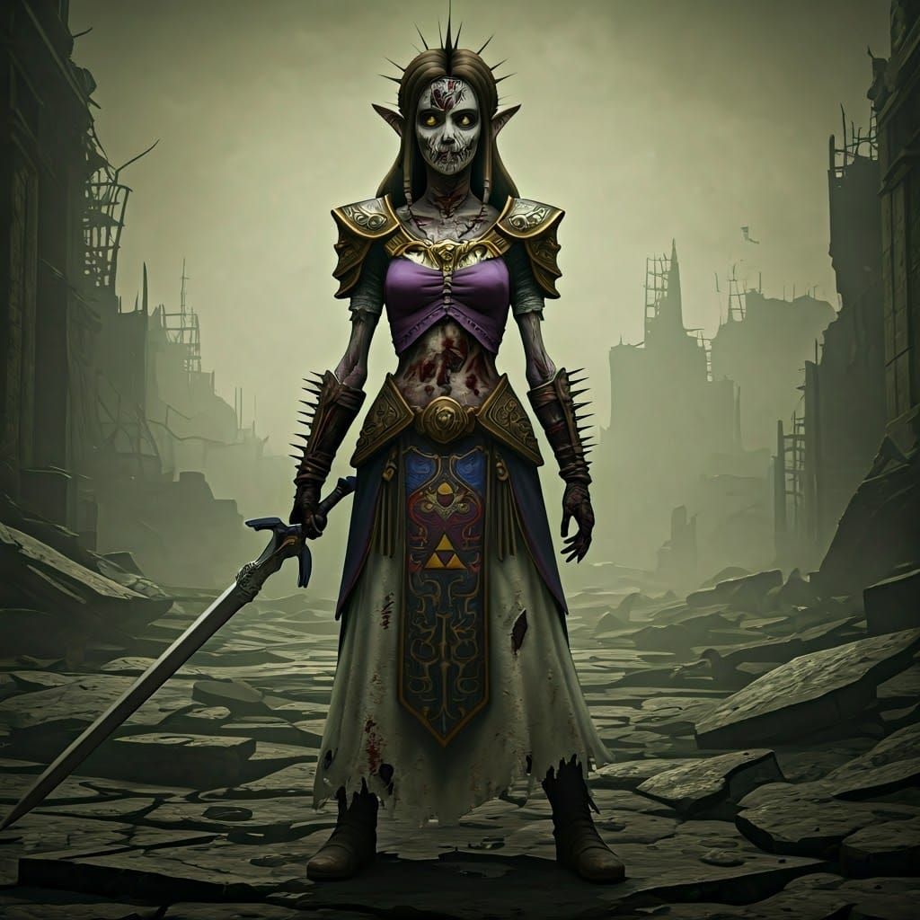 Decrepit Princess Zelda in Post-Apocalyptic Ruins,... - AI Art
