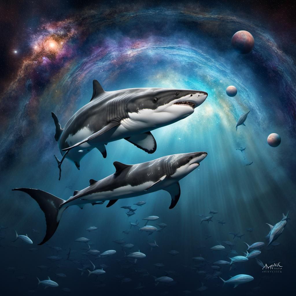 ""Generate an image of a stunning and vibrant humpback Shark gracefully ...