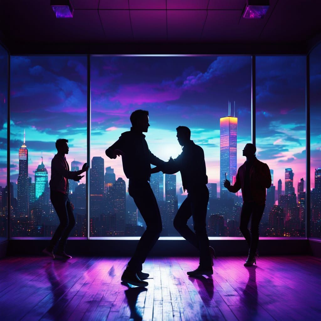 dancing nightclub with floor to ceiling windows looking over neon city ...