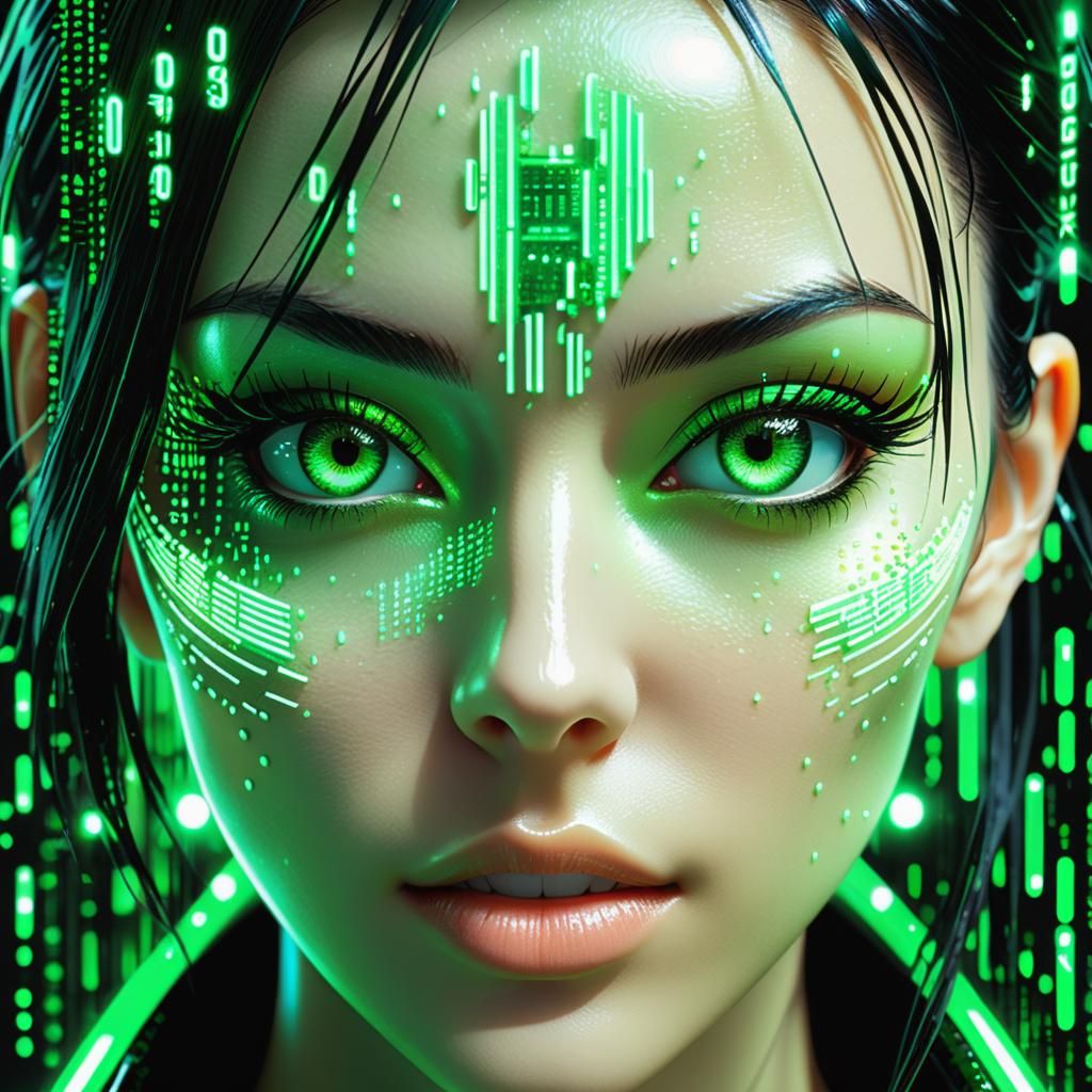 matrix style, holographic , green Matrix code , binary code , glitch ...