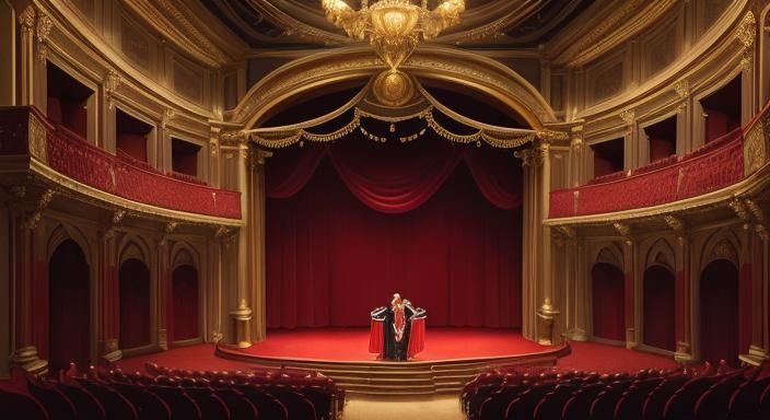 Stage of an opera house with a tenor in rich Renaissance robes singing ...