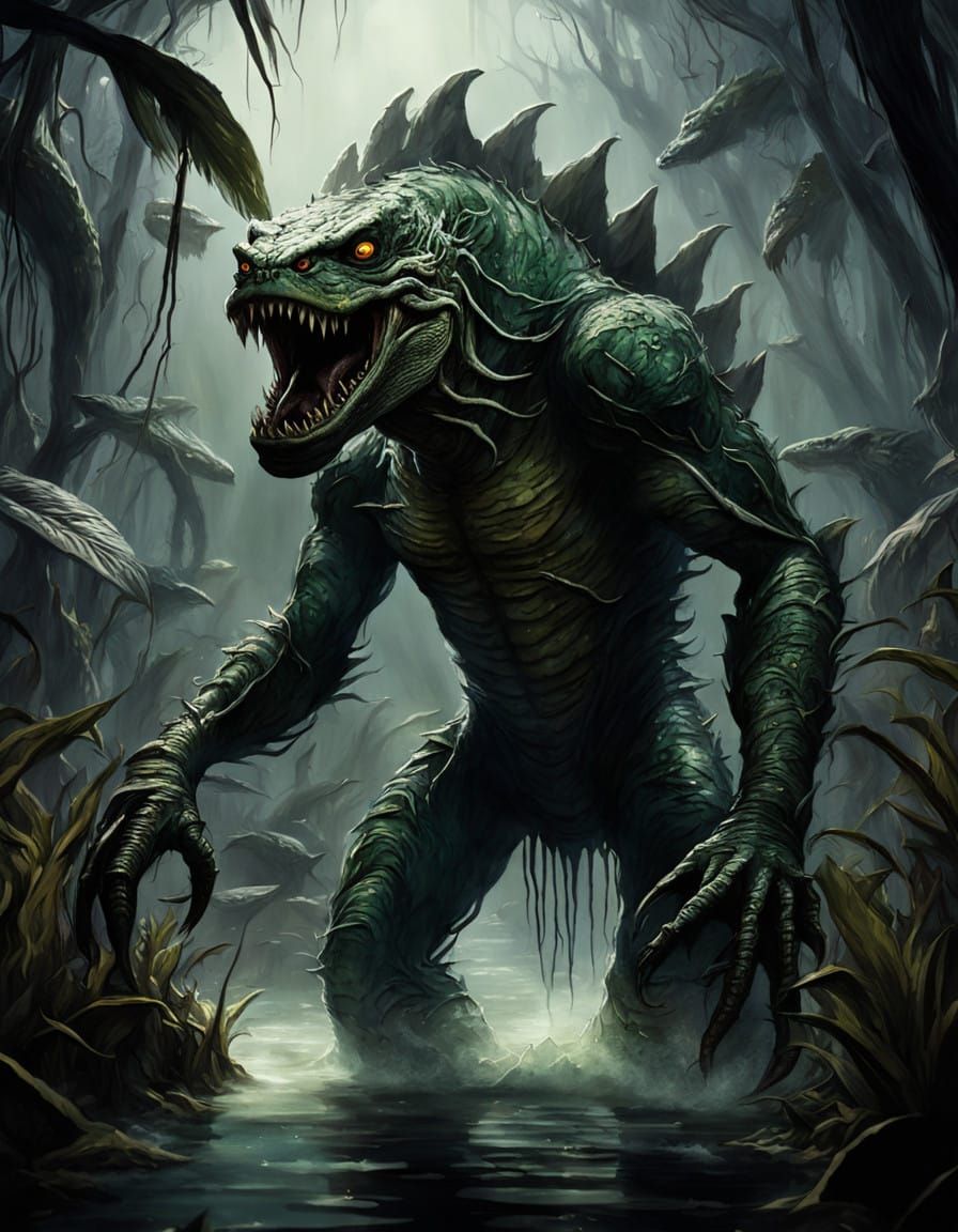 Scary Black Lagoon Monster in a Shaded Swamp - AI Art