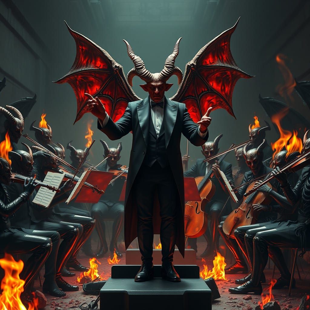 A hyperrealistic, highly detailed ink and oil print of a full satanic ...