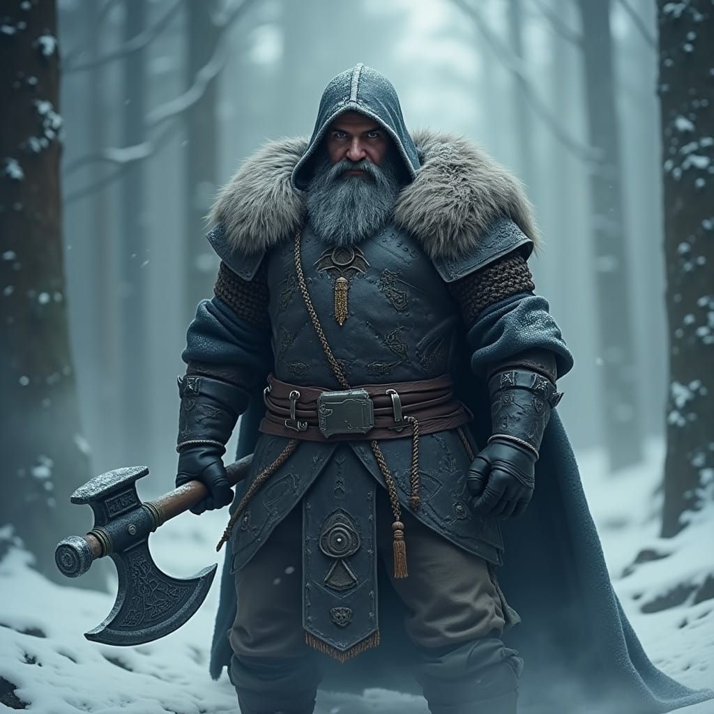 A sturdy male dwarf warrior with a black beard and clad in a dark ...