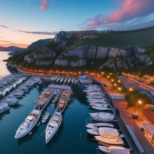 Drone view of a fantasy harbour full of boats. Beautiful landscape ...