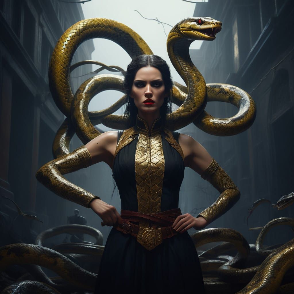 Mystical Goddess Embodied in Fiery Serpents and Go... - AI Art