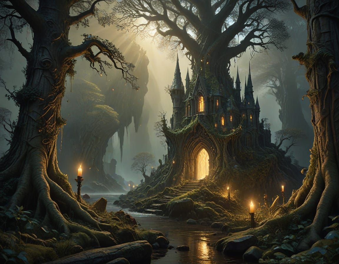 Gothic Elven Castles Amidst a Misty Mountain Lands... - AI Art