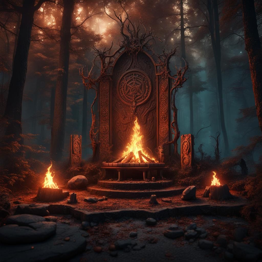 primitive altar with carved strange symbols and a bonfire in the middle ...