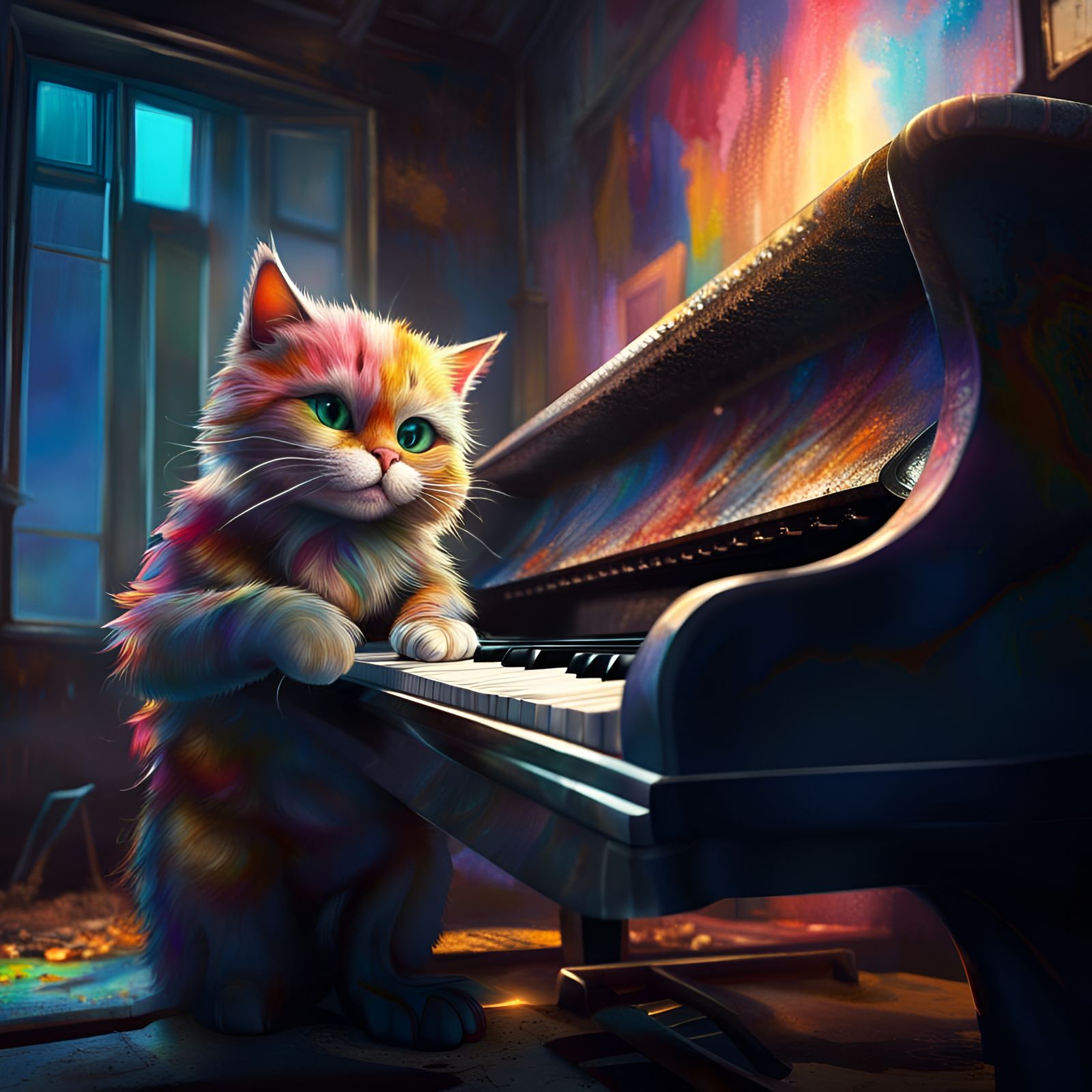 Art colored cat playing piano in a apartments room. - AI Generated ...
