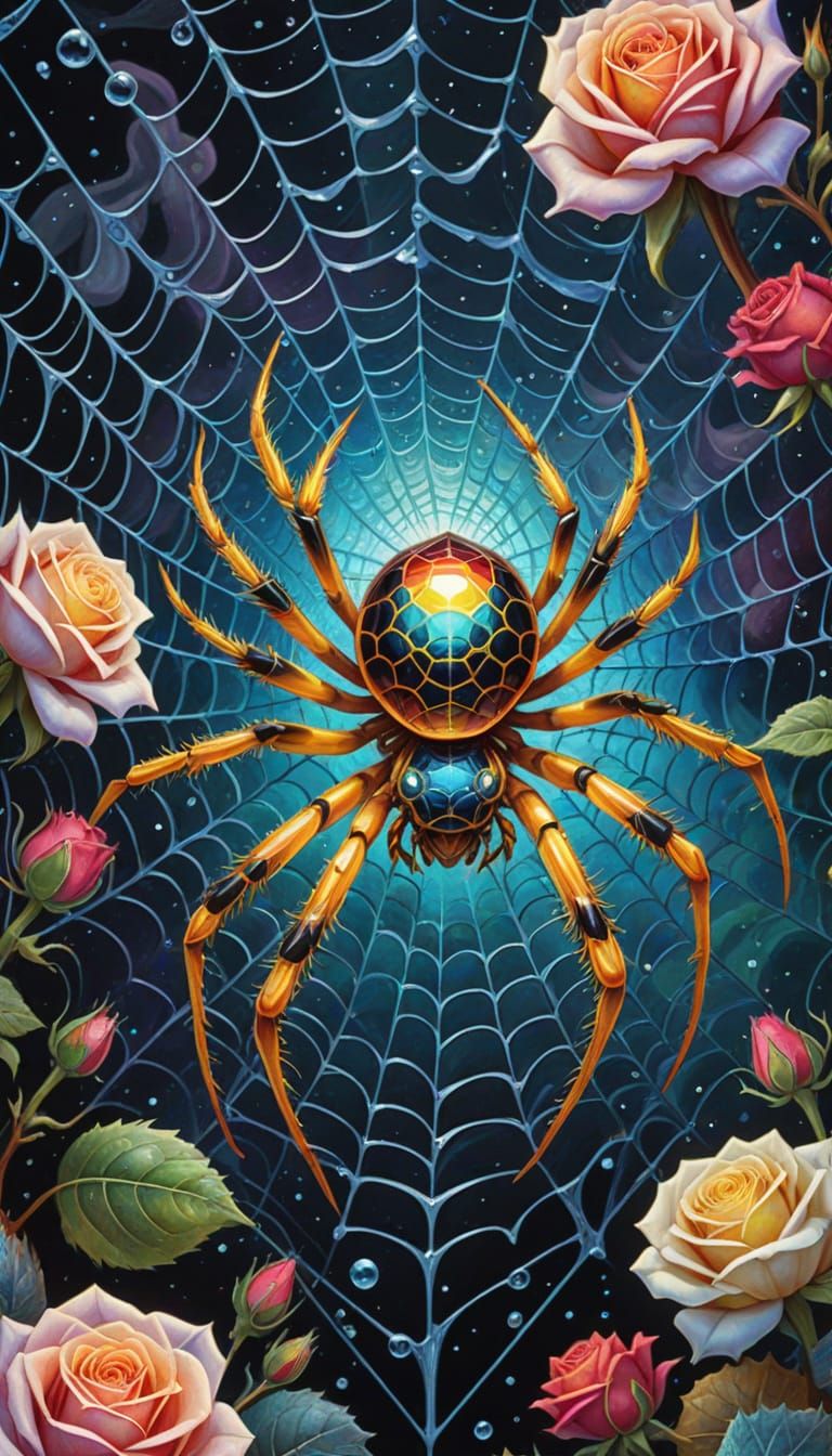 Ethereal Jeweled Spider in Vibrant Spiderweb - AI Art