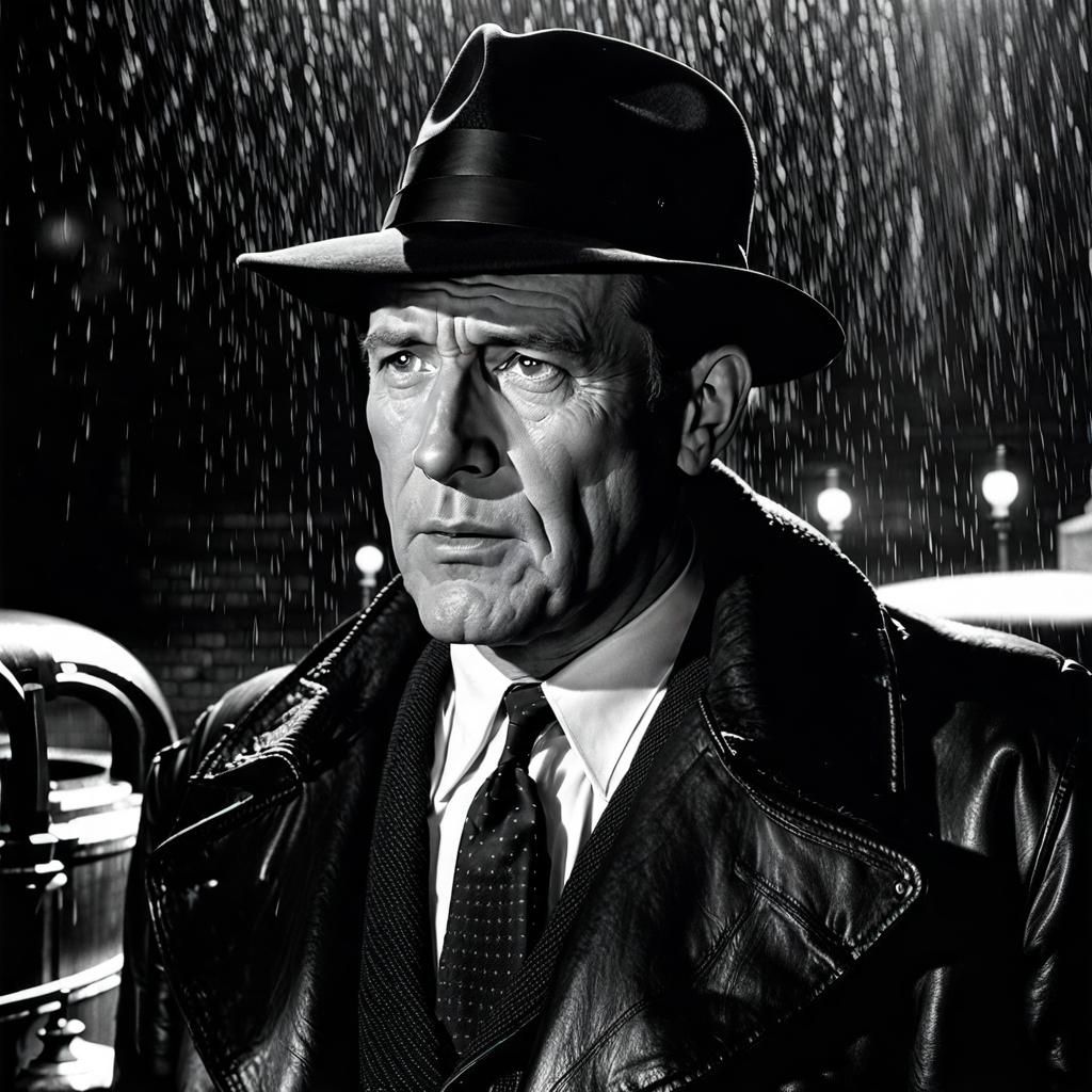 Lawrence Tierney in a 1940s gangster movie, Film Noir, heavy rain storm ...