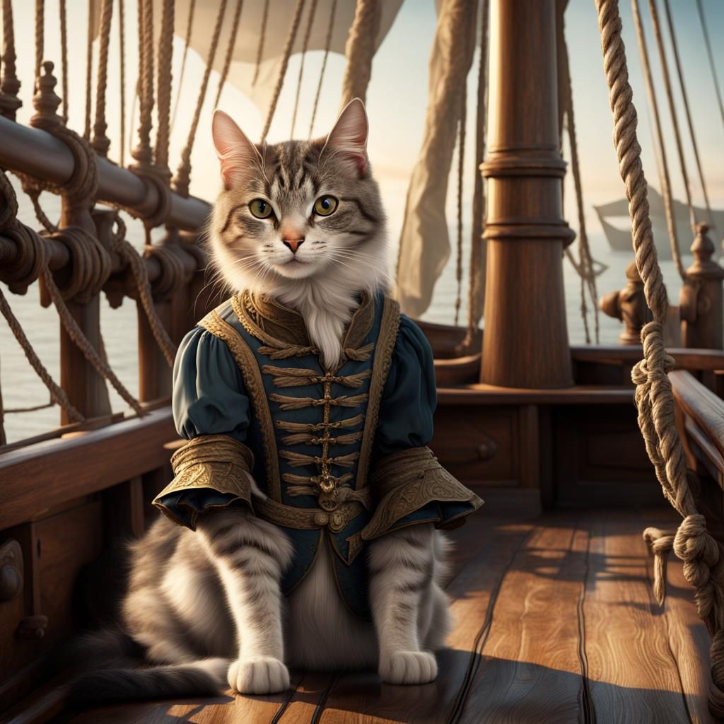 a cat in 16th century capitan clothes on the deck of a 1500's sailing ...