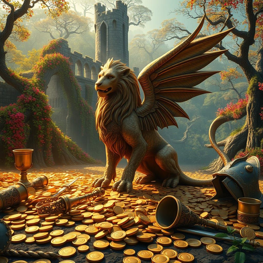 Majestic Chimera Guards Ancient Forest Treasure - AI Art