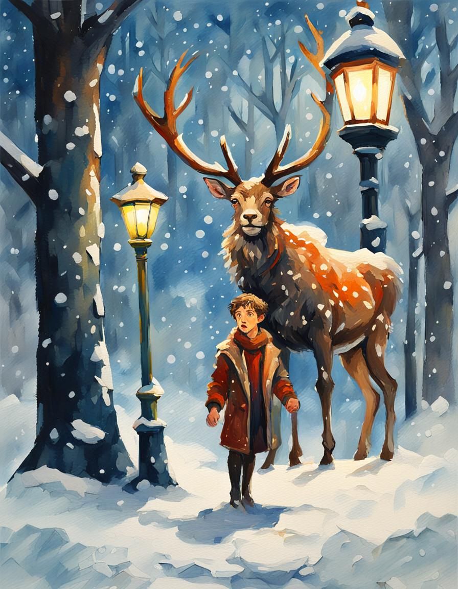 Illustration of the faun Mr Tumnus with antlers and Lucy by the lampost ...