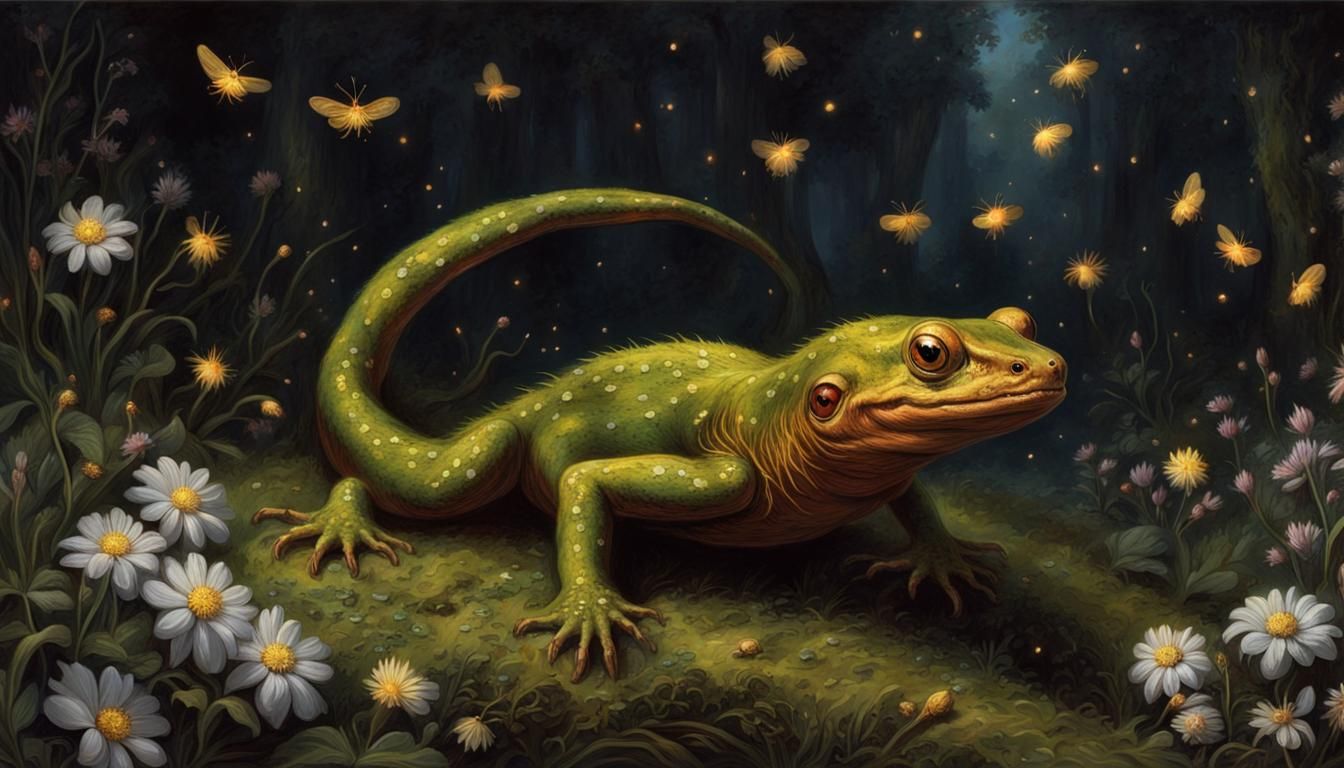 salamander covered in moss and fireflies in the air and flowers ...
