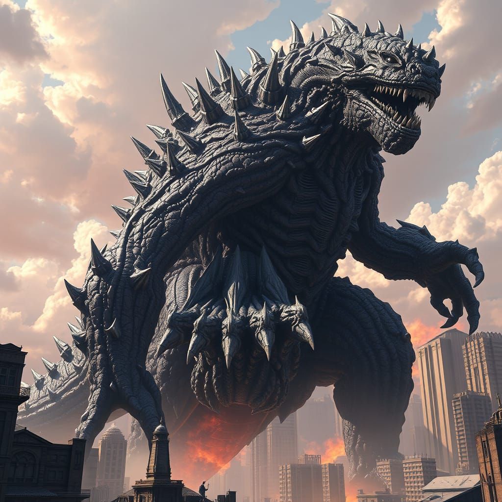 Cyberpunk-Inspired Alien Kaiju Rises from Ruins - AI Art
