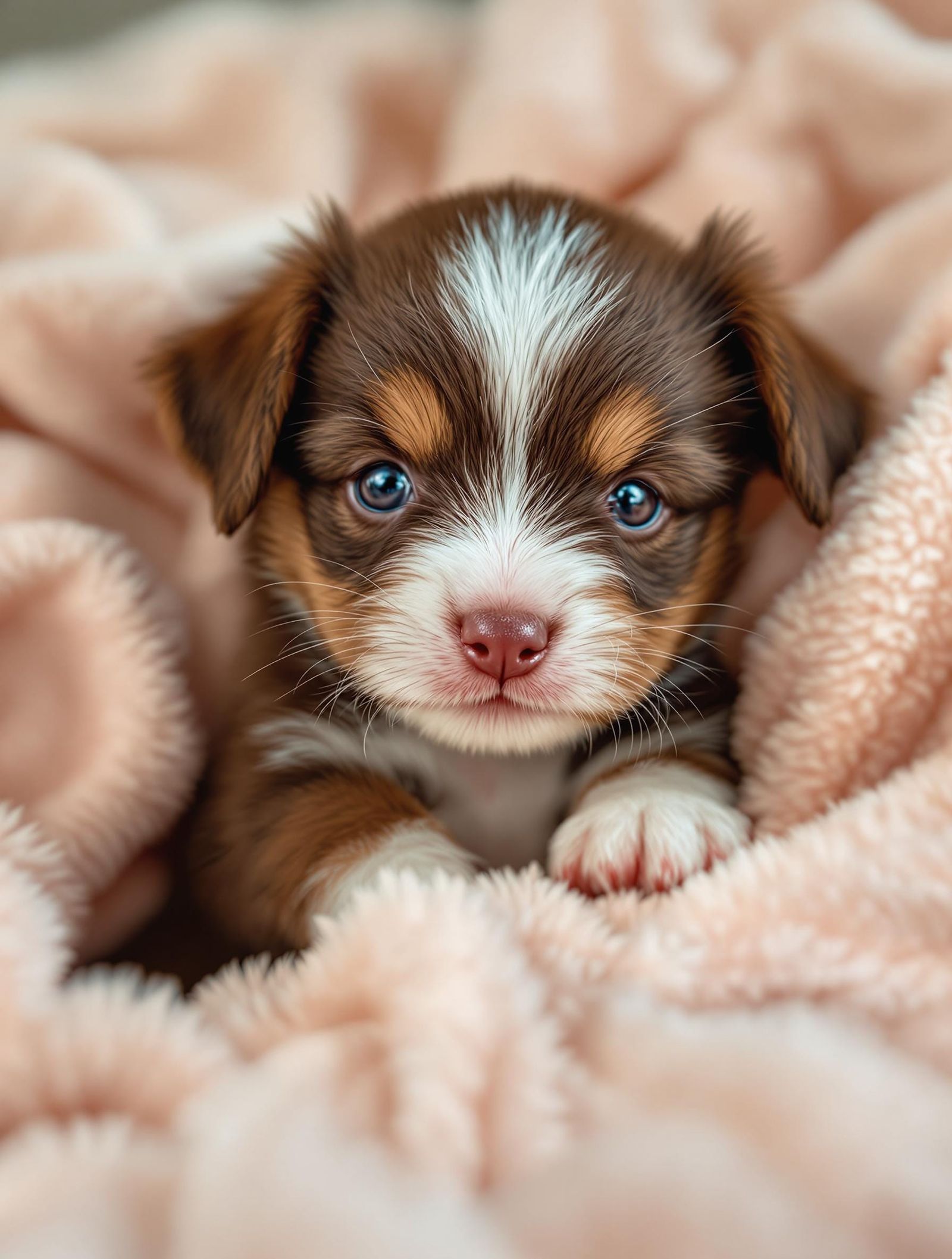 Photorealistic full shot of a baby puppy. A tiny ball of fluff, eyes ...