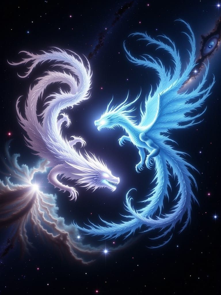 Two nebulous dragons - Cosmic Dragon Duet in Nebula Flux