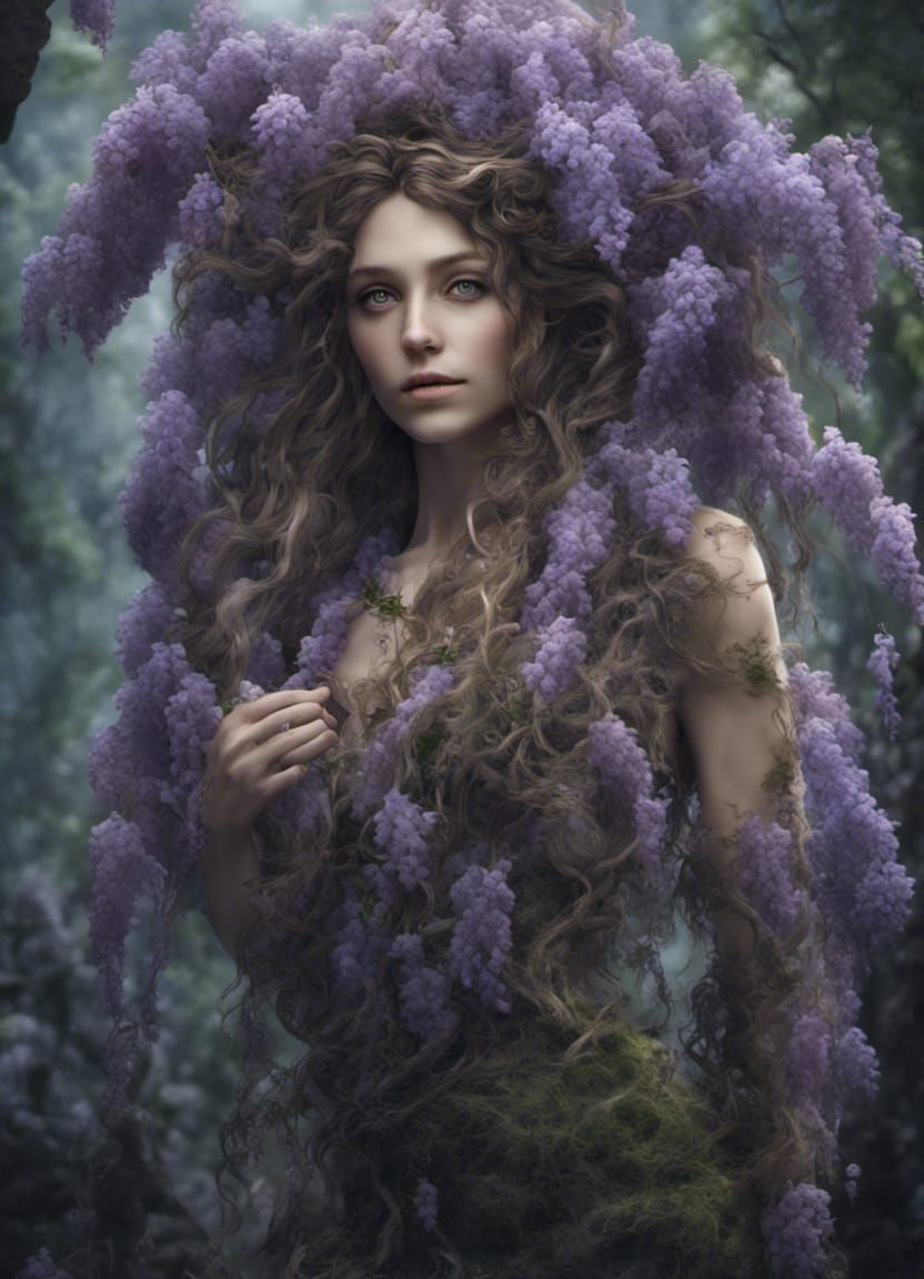Fey dryad with hair made of wisteria flowers, cascade - AI Generated ...