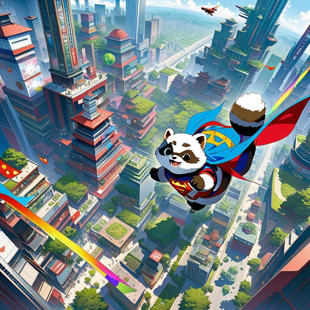 Animals with Superpowers - Cute Raccoon Superhero Soars Abov...