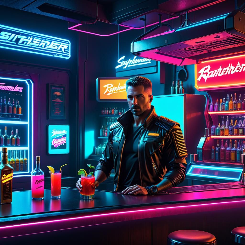 Cyborg bartender synthwave neon retro cyberpunk 2099 blade runner 2049 ...