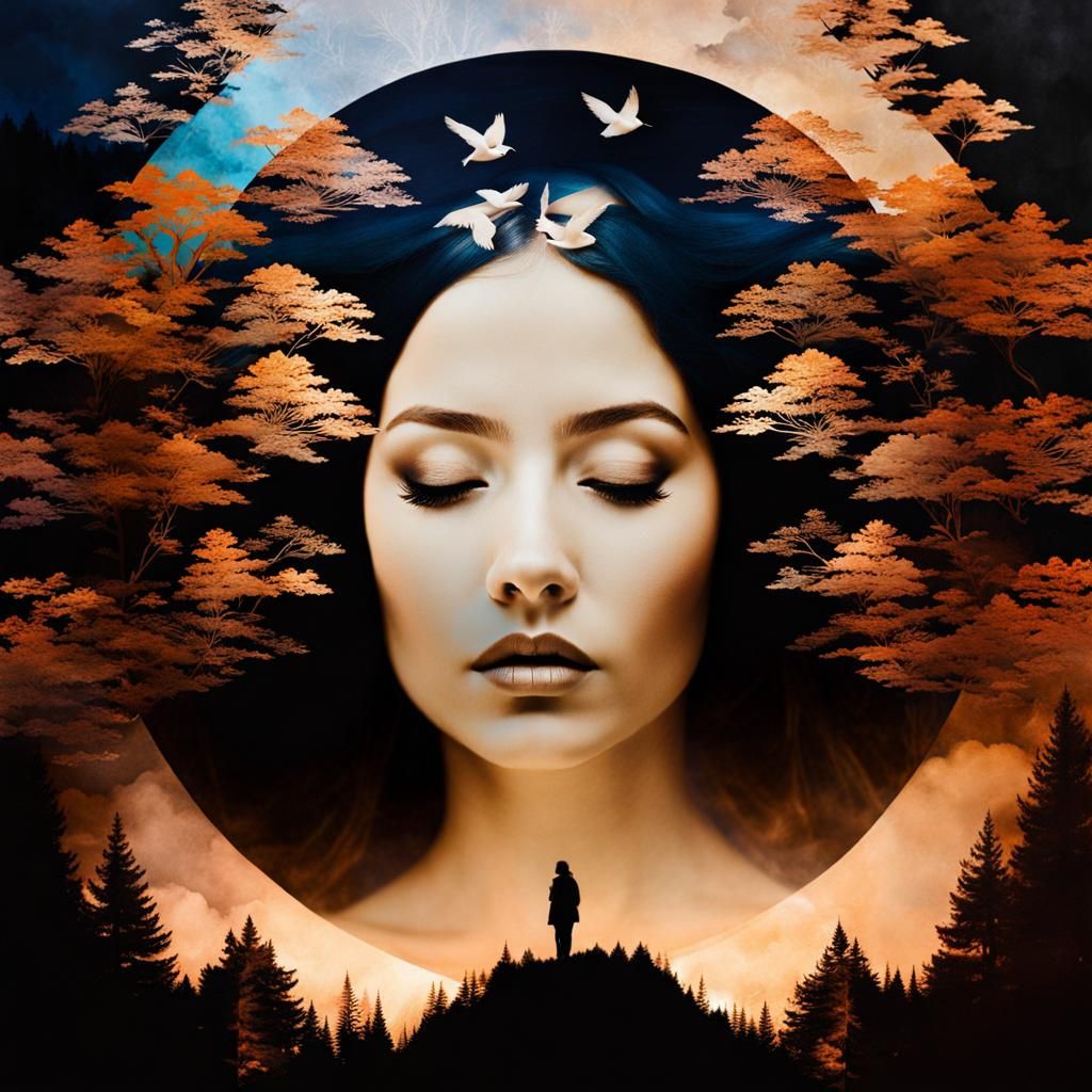 Artist: Aliza Razell Double exposure "The Dreamer, Nightmarish Dreamscape" (intricate marquetry ...