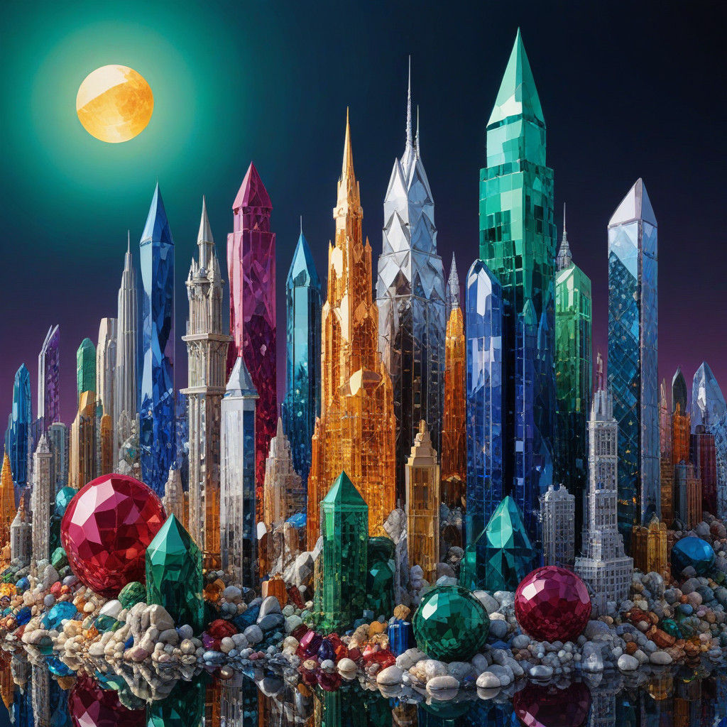 Portrait of a gem cityscape, created with sapphire prisms, diamond towers, ruby spheres, emerald ...