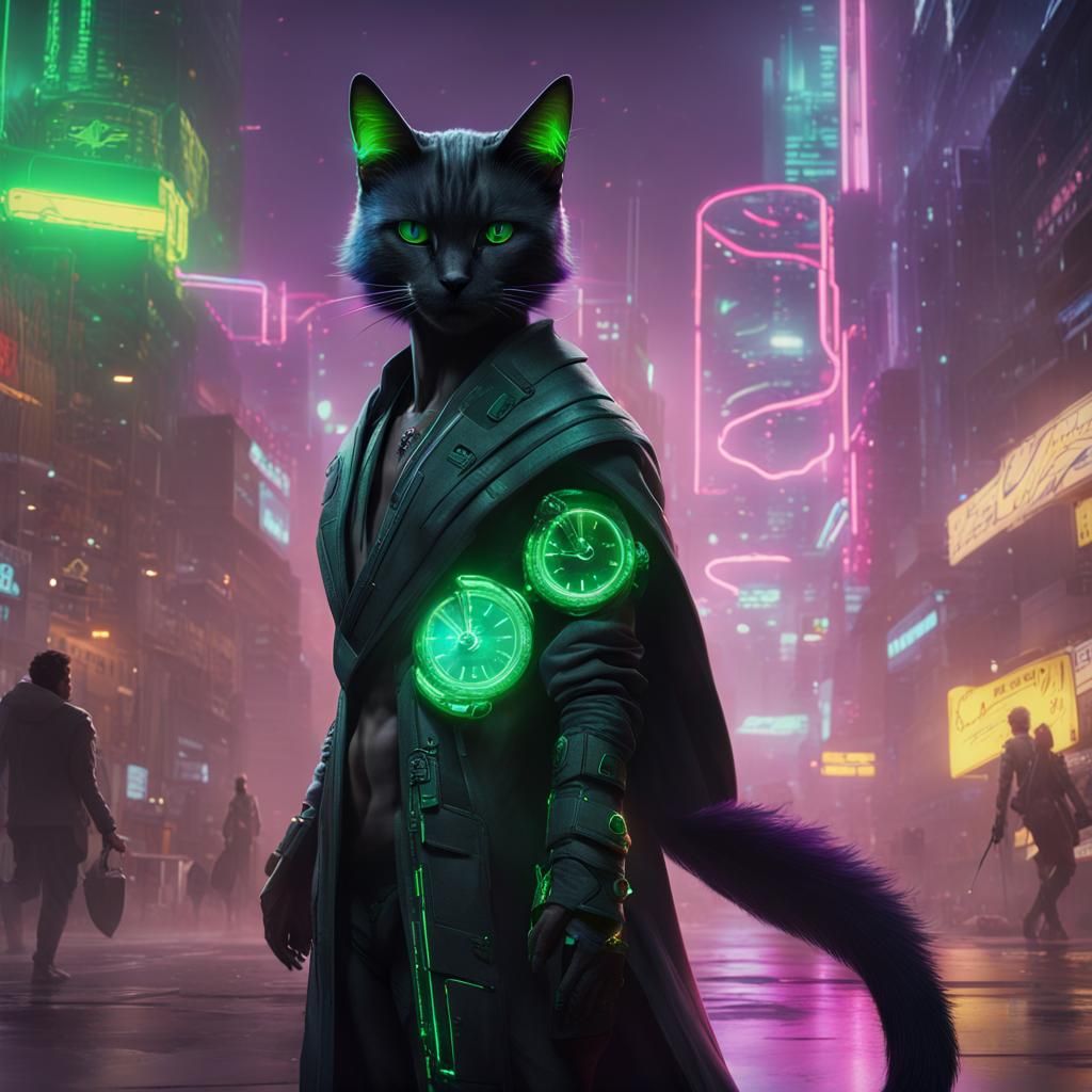 a sprinting side view athletic black humanoid cat casting time-bending ...