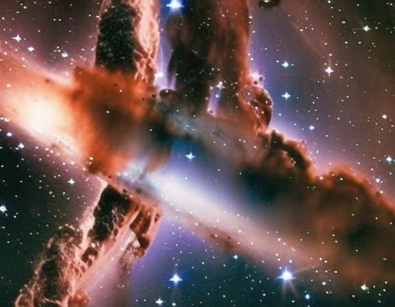 spacecraft space station on the edge of the galaxy orbiting a nebula in ...
