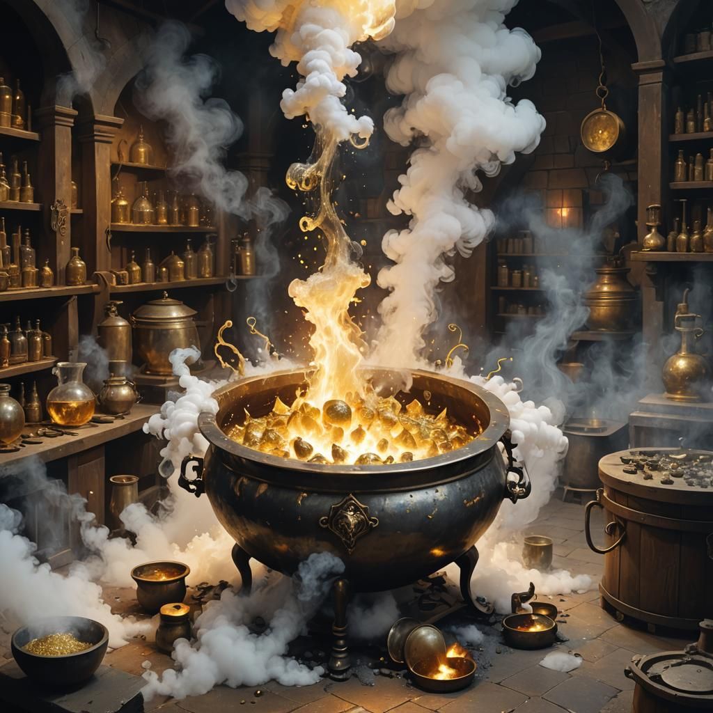 Cauldron full of bubbling molten gold with white smoke in an alchemy ...