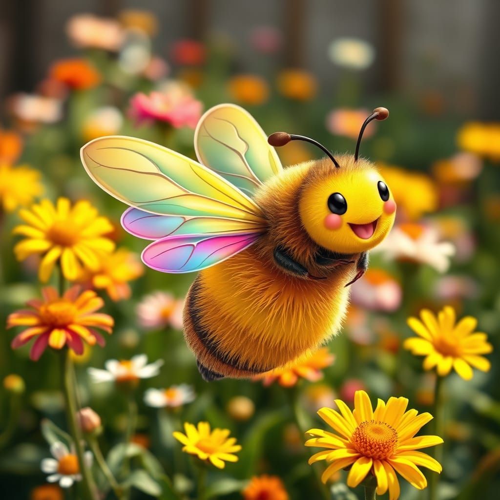 A cheerful honey bee with rainbow-colored wings spreads magic and joy ...