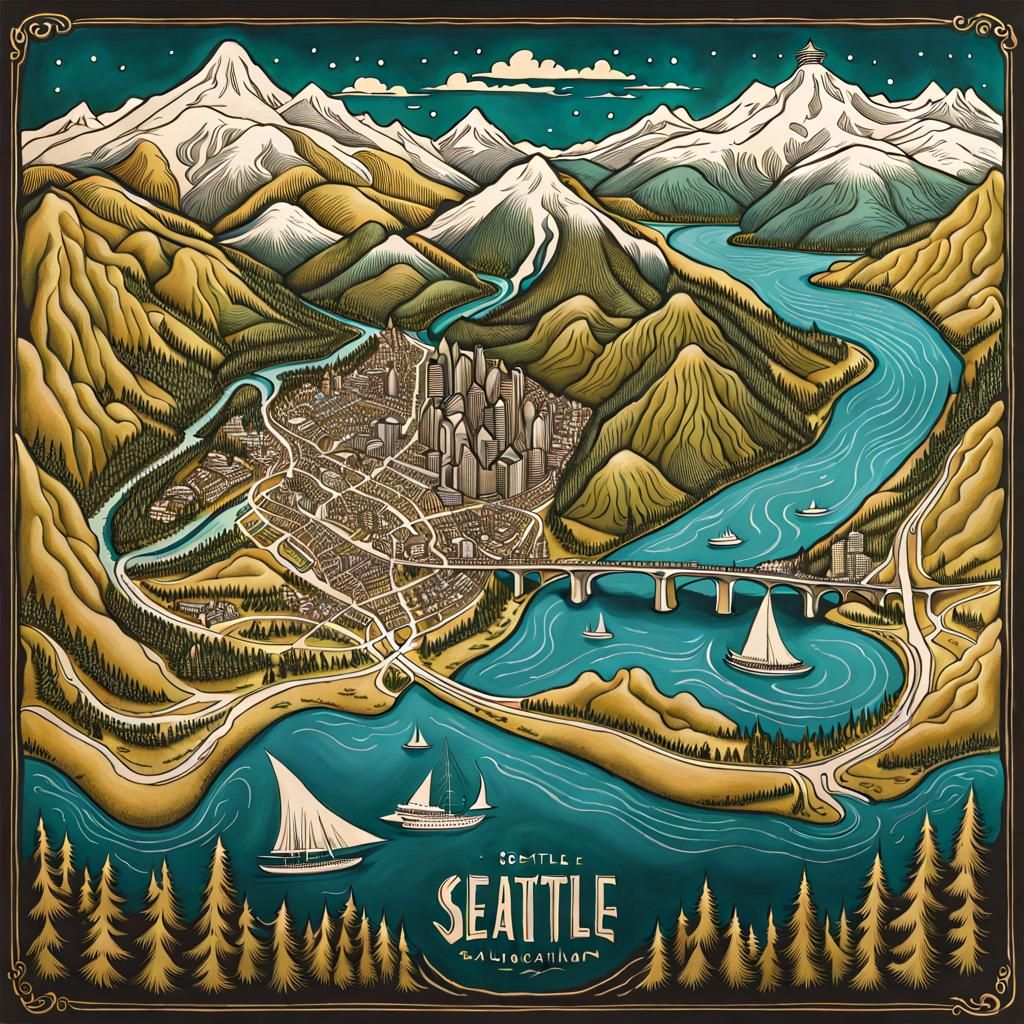 A whimsical , fun hand drawn map of Seattle - AI Generated Artwork ...