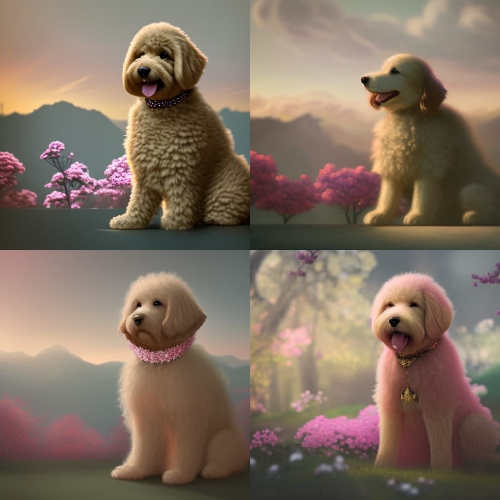 goldendoodle sitting in front of a forest of cherry blossoms wearing a ...
