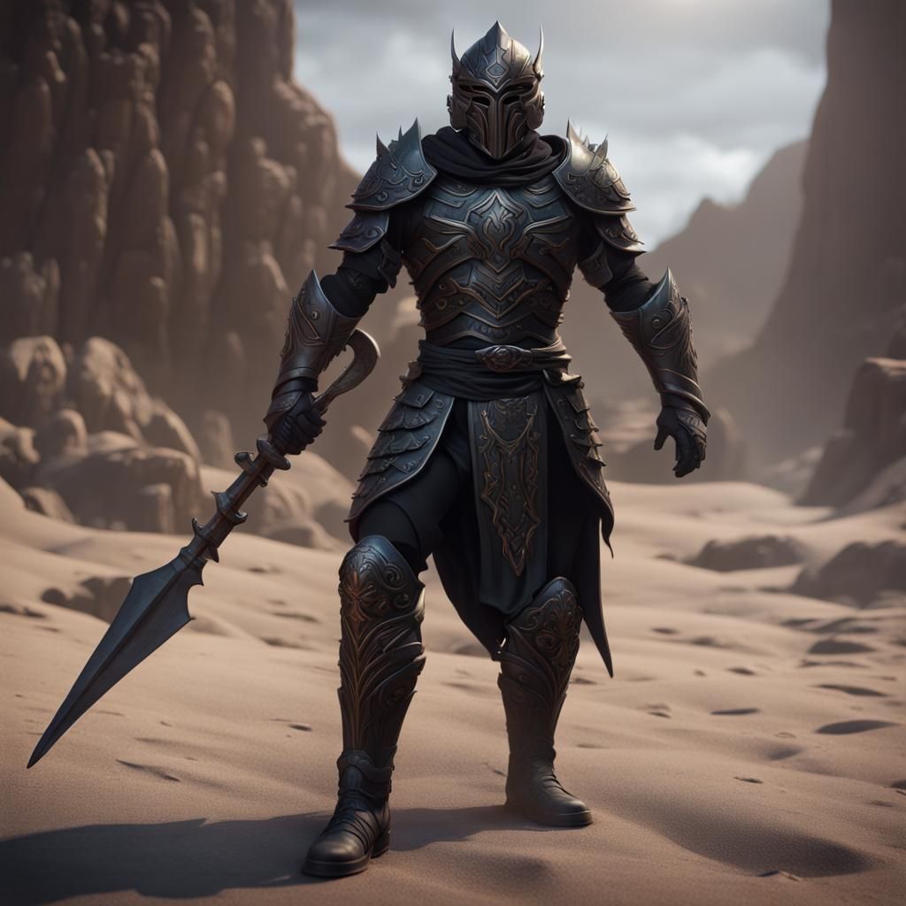 Human male warrior in simple black armor without a helmet, face visible ...