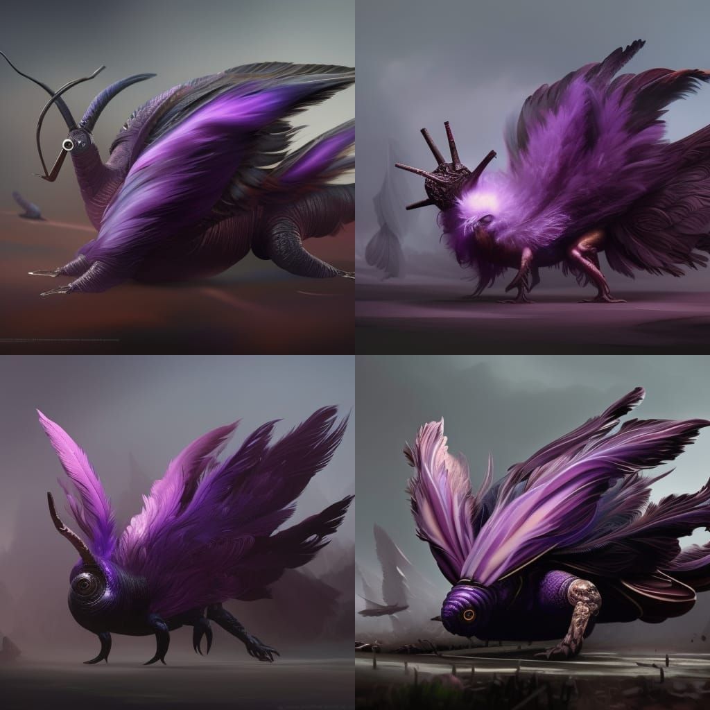A huge feathered snail with wings made of long narrow purple feathers ...