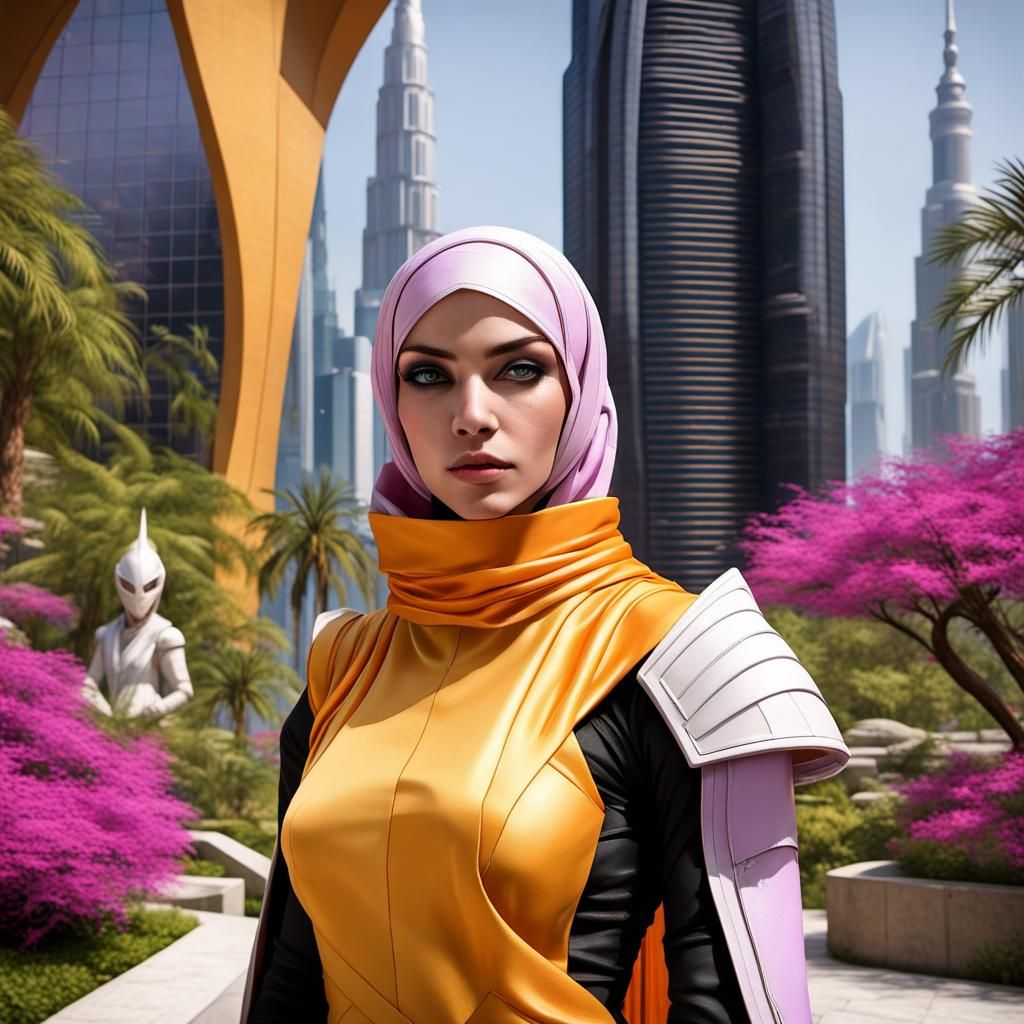 close-up of female ninja "mass effect" fremen knight wearing luxurious yellow and orange silk ...