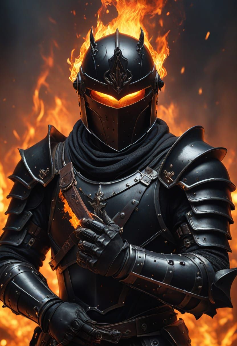 Fiery Knight in Black Armor, Ready for Battle - AI Art