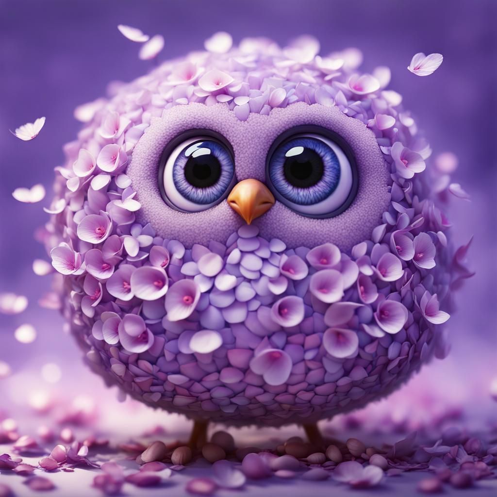 Cute adorable round bird made of light purple petals, huge beautiful ...