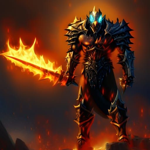 Skull knight in flaming black armor with a flaming sword, blue fire ...