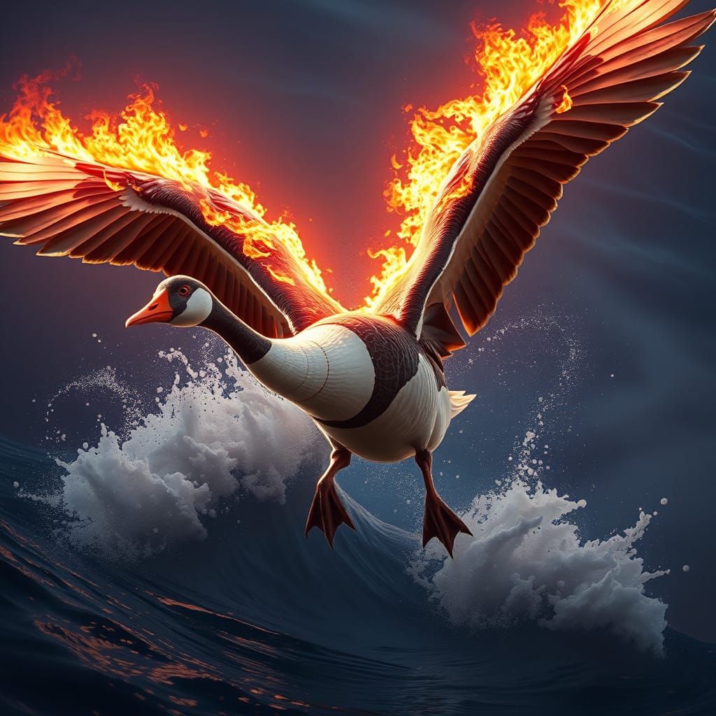 Fantastical Canada Goose in Turbulent Dive, Set Ag... - AI Art