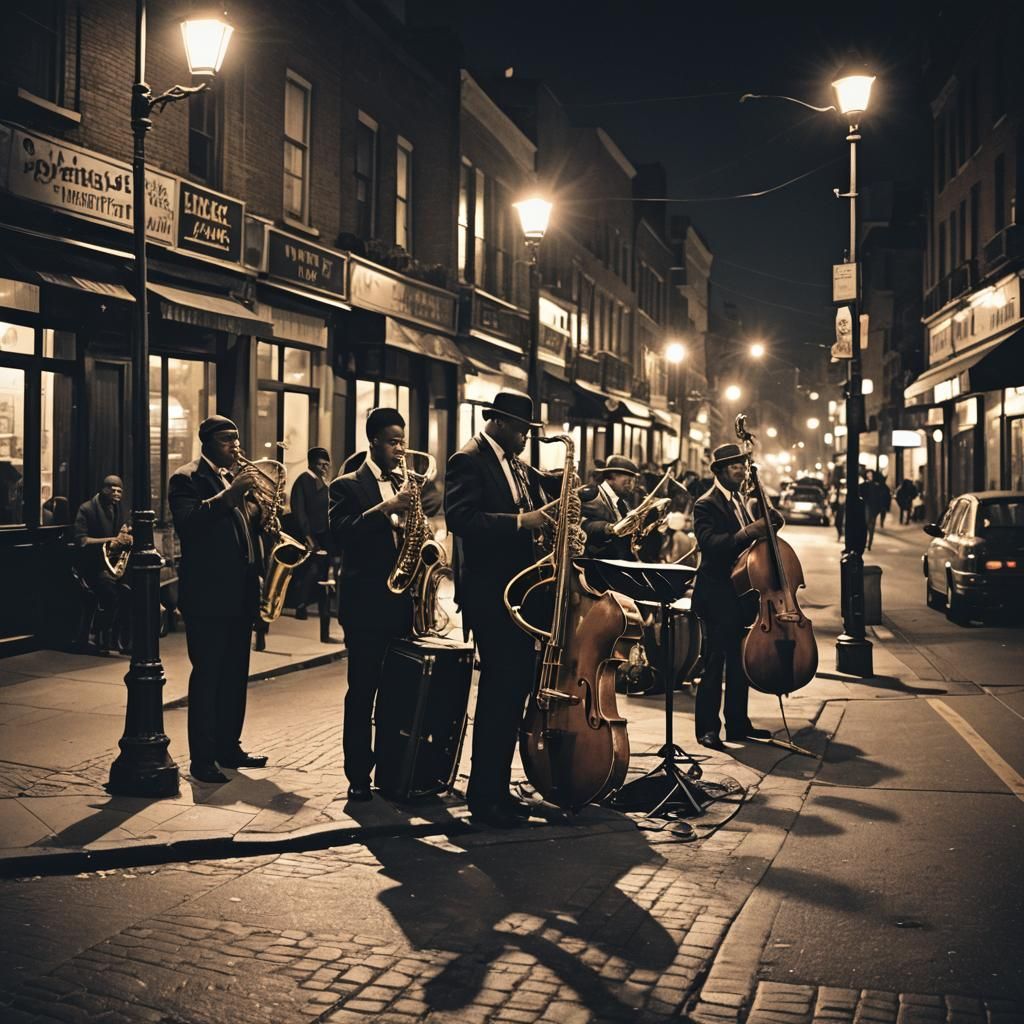A jazz band playing on a street corner at night. The musicians and ...