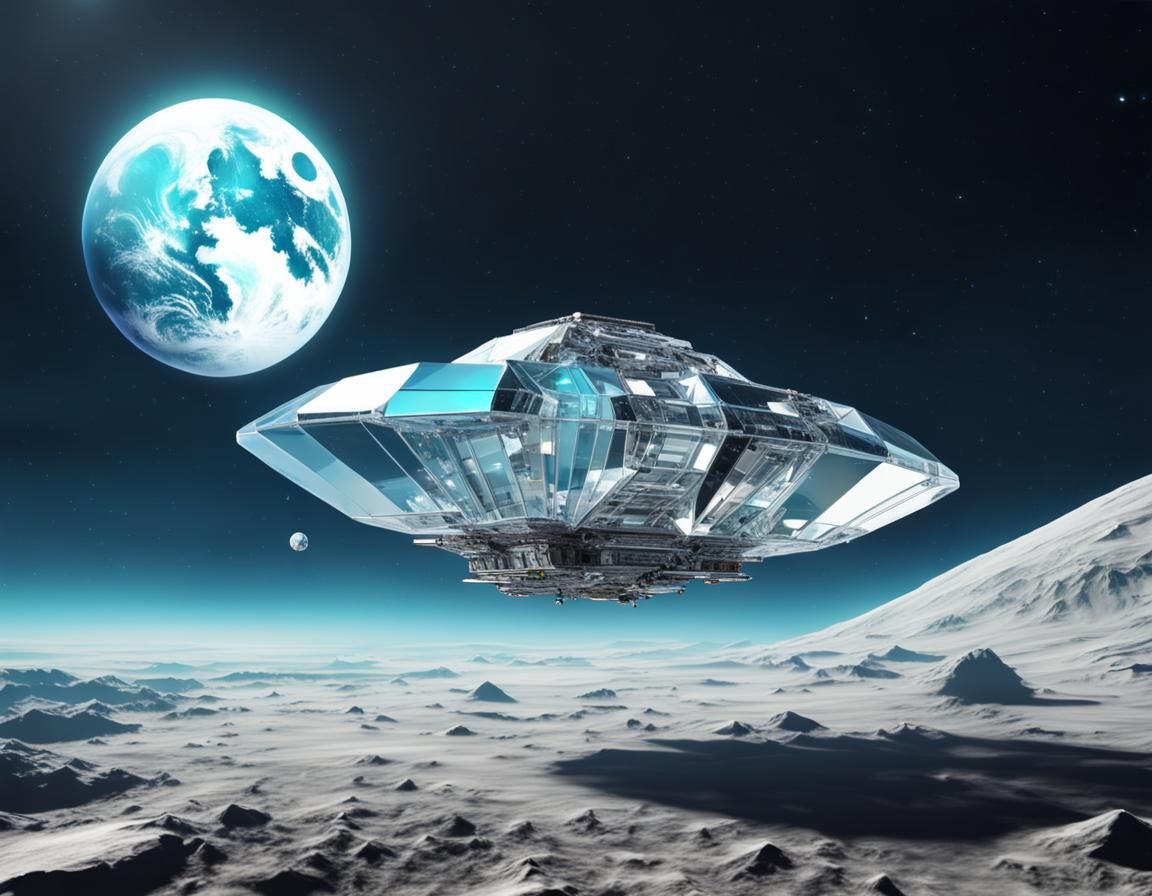 Transparent crystal gemstone spaceship, hovering over the moon with ...
