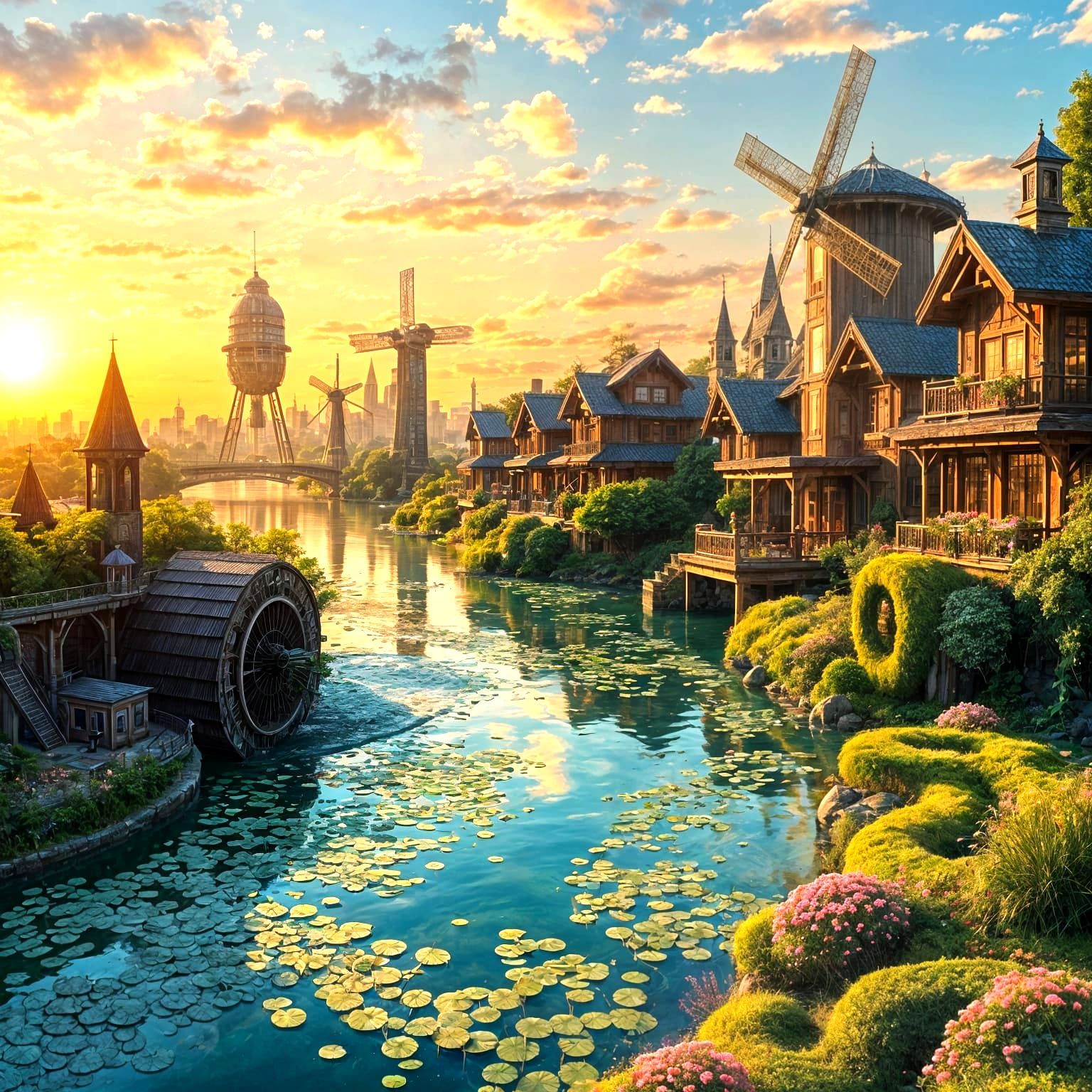 Wind & Water Town - Enchanted Solarpunk Cityscape at Sunset