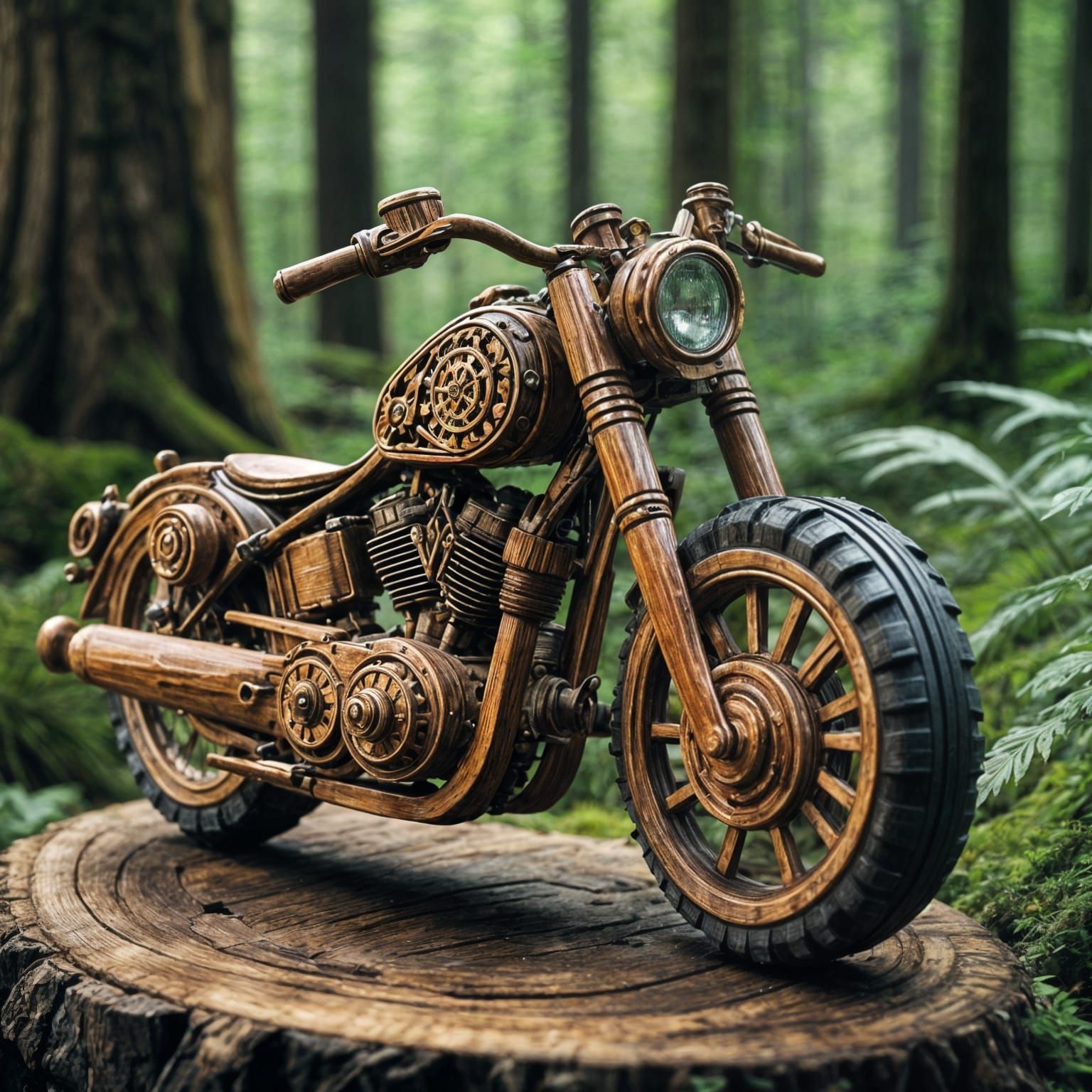 A Steampunk Wood Carving of a Vintage Motorcycle i... - AI Art