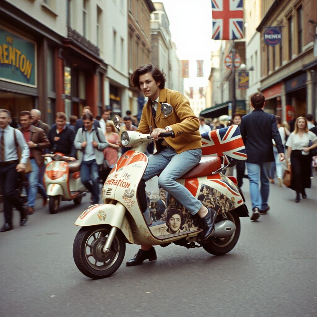 A mod on a scooter wrapped in "My Generation" artwork, weaving through ...