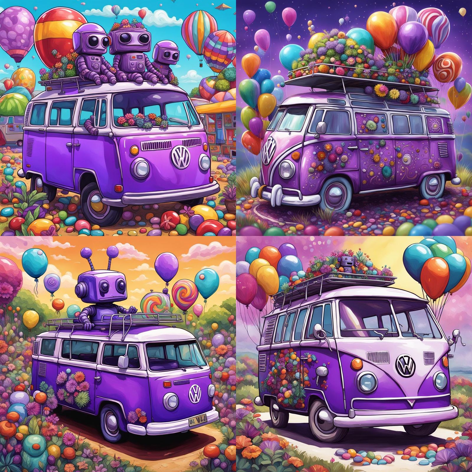 a Chibi purple shiny robot on a vw van At a 1960s style hippie ...