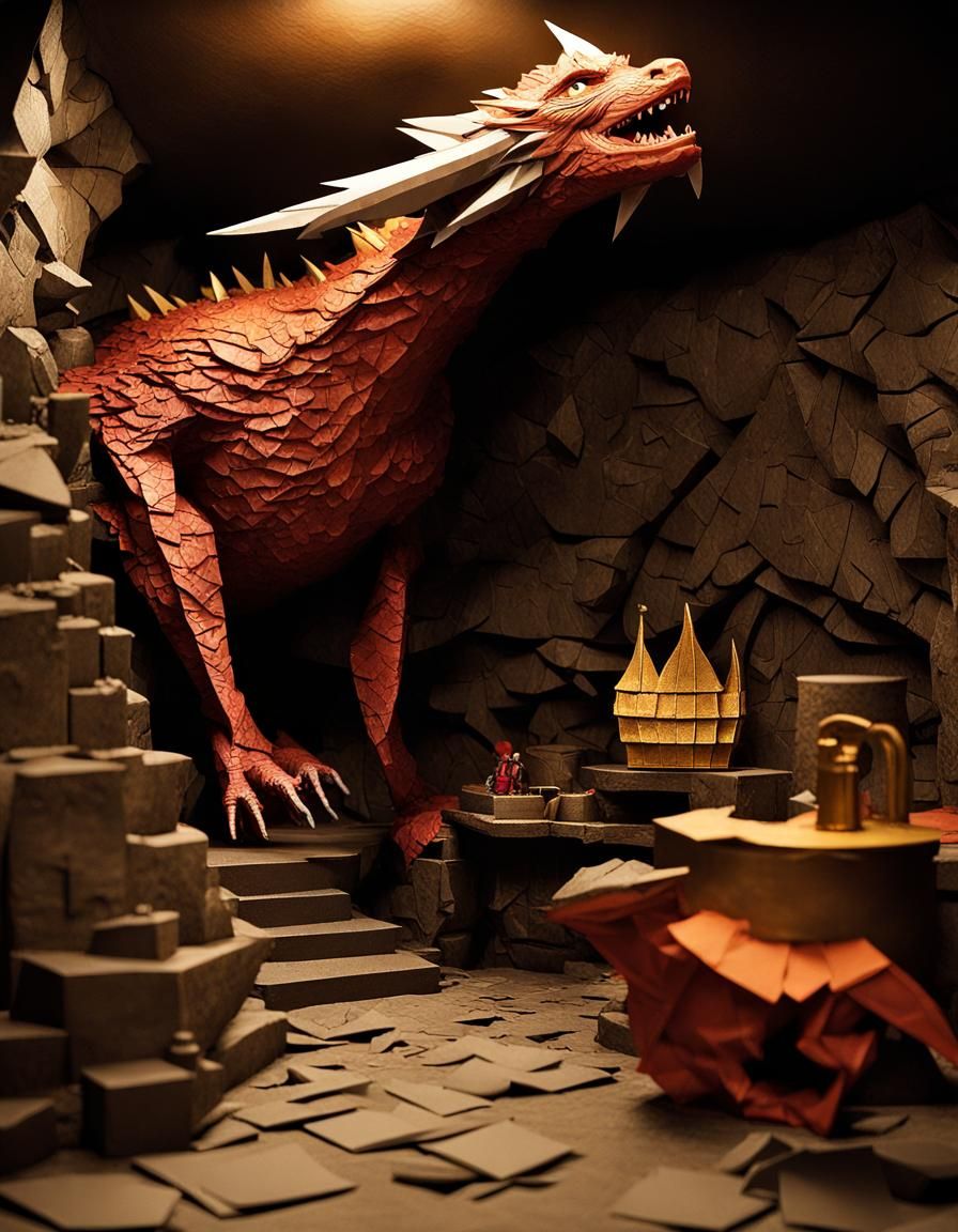 Origami Smaug The Terrible from The Hobbit. Fire dragon in a treasure ...