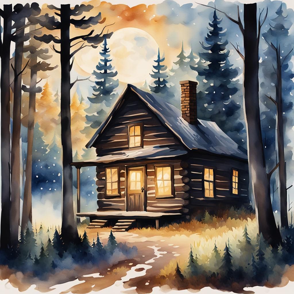 Cabin Painting - Whimsical Watercolor Moonlit Scene in Folk ...
