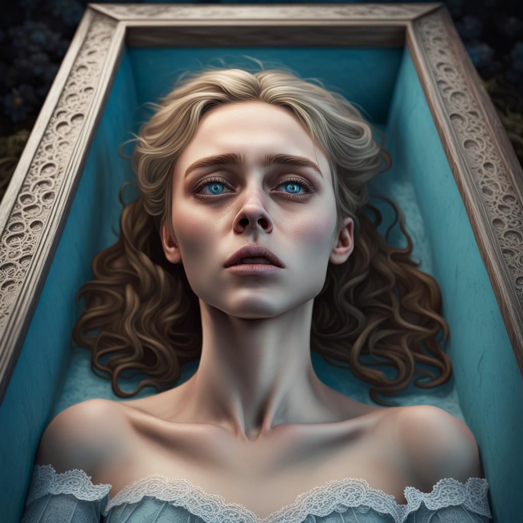 laying in coffin. gothic graveyard. hyper realistic. beautiful innocent 18 year old woman. she ...